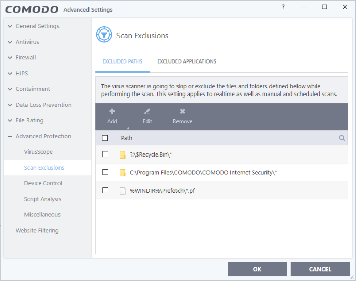 Exclude Files / Applications to Scan, PC Antivirus | Comodo Client Security